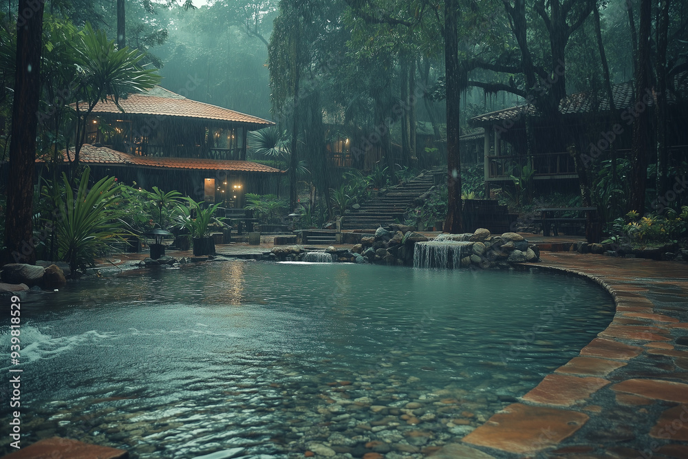 Natural swimming pool in forest resort, Landscape view of jungle house ...