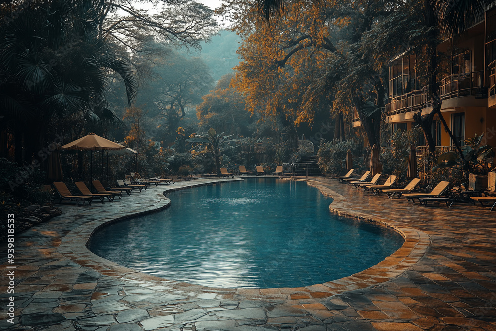 Natural swimming pool in forest resort, Landscape view of jungle house ...