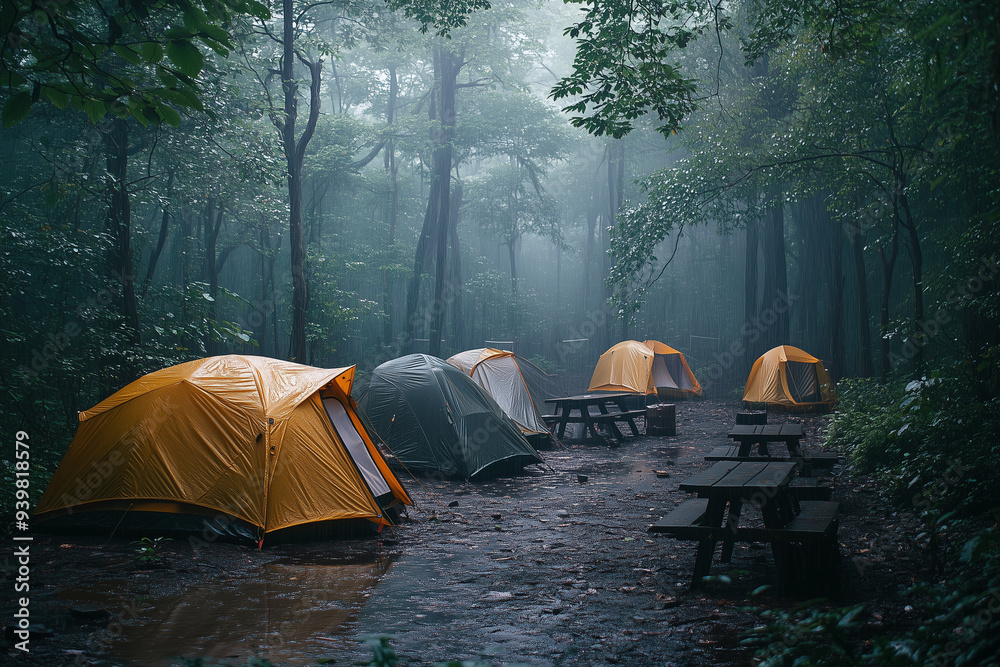 Camping tent in the forest with foggy view and raining puddle, Camping ...