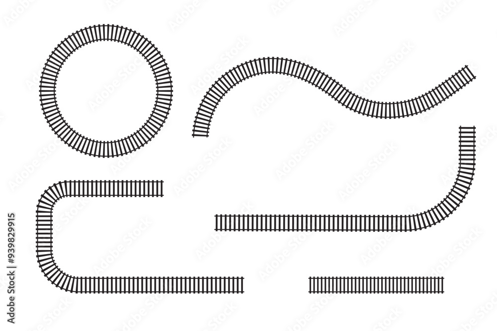Set of railroad parts. Rail road elements in top aerial view. Train ...