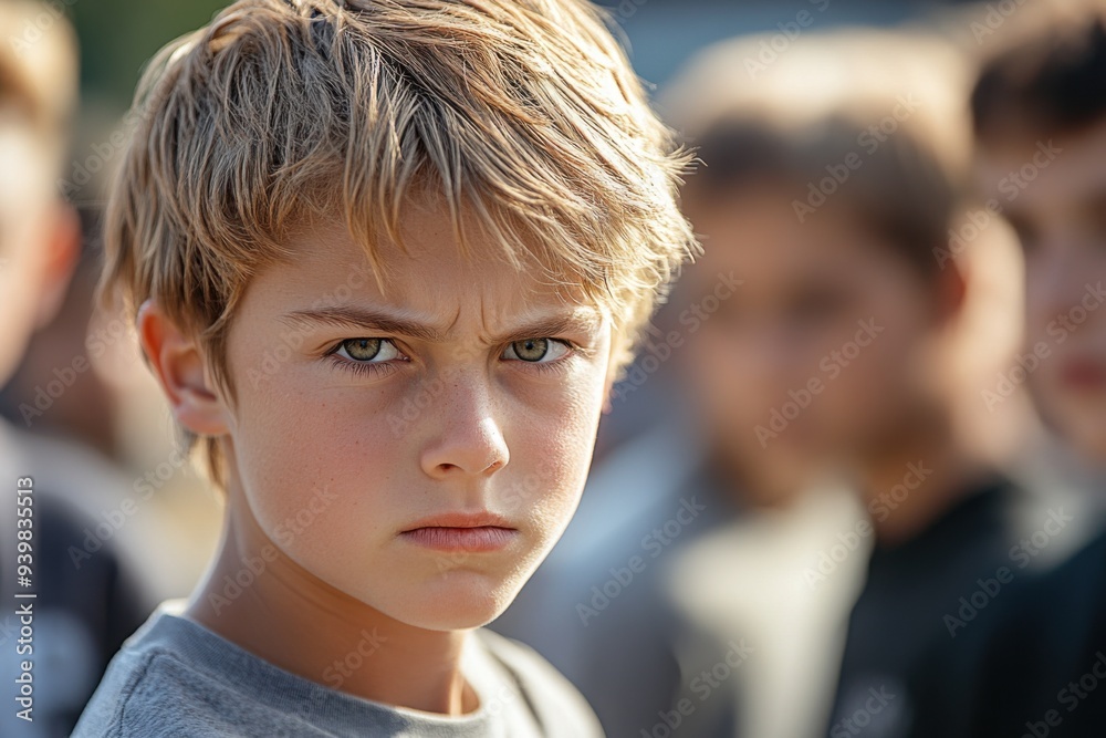 Blond boy with blue eyes staring at camera with other boys in ...
