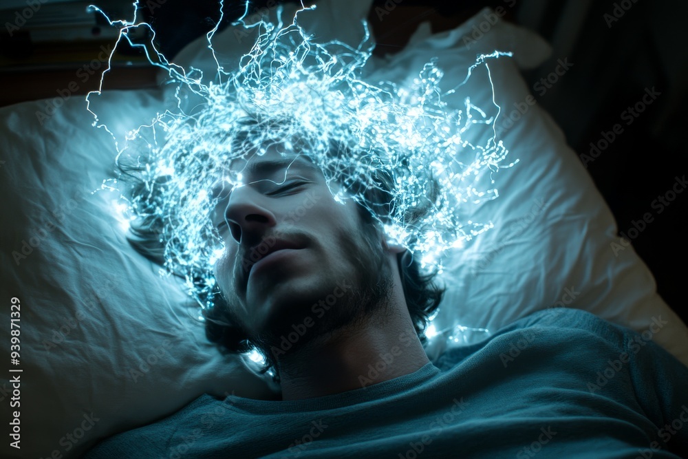 Man asleep with a glowing blue brain and electrical currents ...