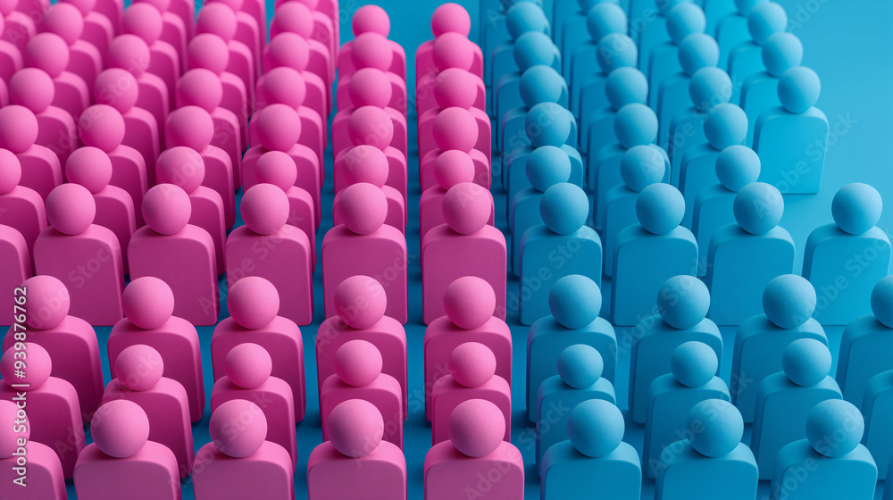 A collection of small figures in pink and blue arranged in distinct ...