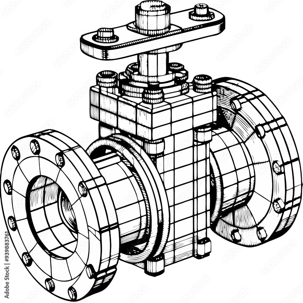 Industrial Valve Engineering Drawing: A detailed line drawing of an ...