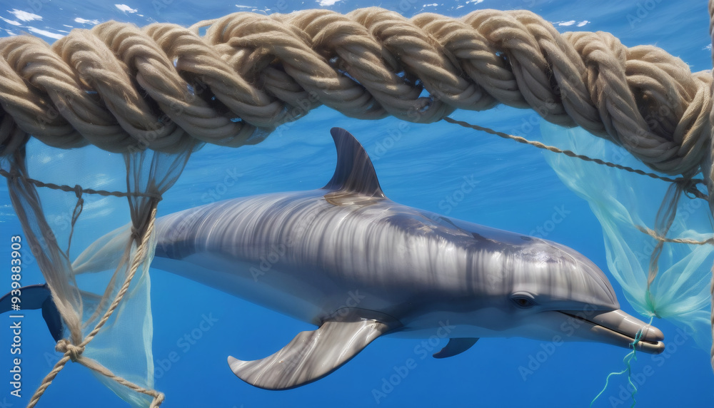Depiction of a dolphin, as an endangered marine mammal, entangled in an ...