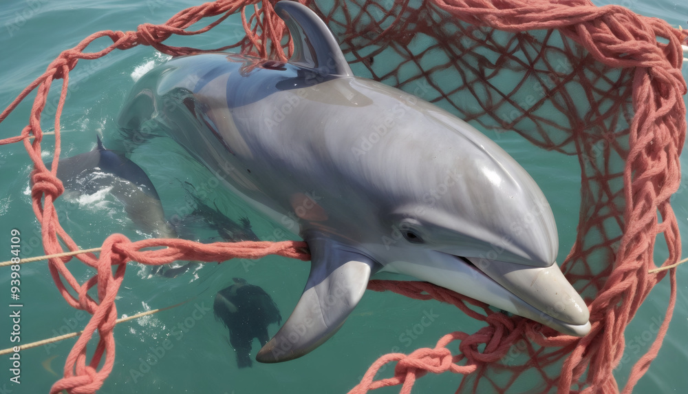 Depiction of a dolphin, as an endangered marine mammal, entangled in an ...