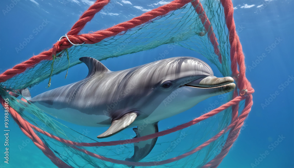 Depiction of a dolphin, as an endangered marine mammal, entangled in an ...