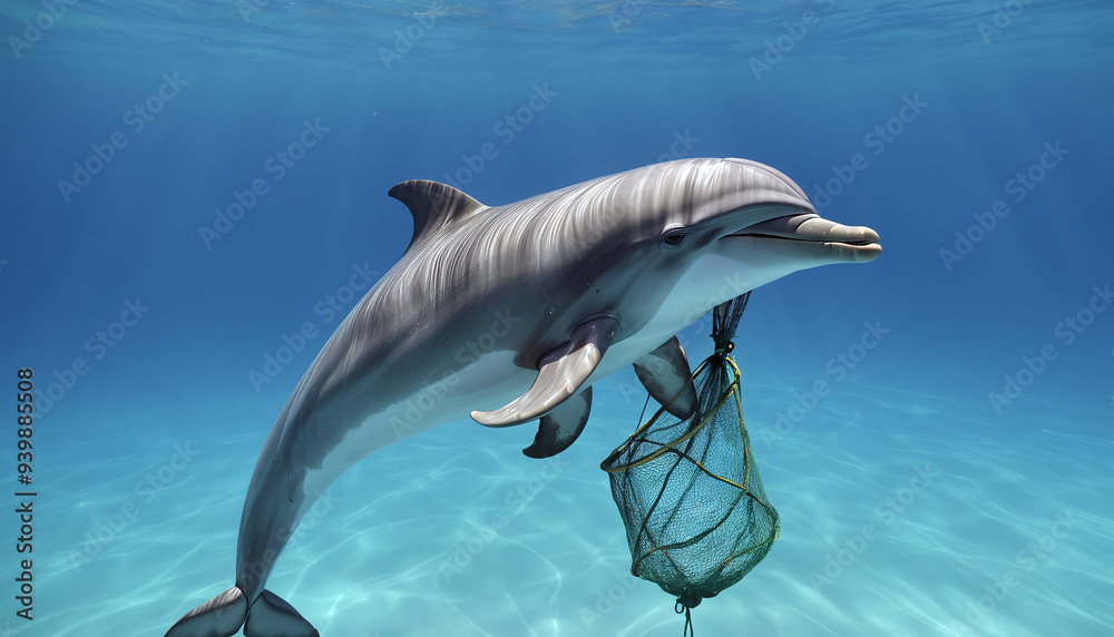 Depiction of a dolphin, as an endangered marine mammal, entangled in an ...