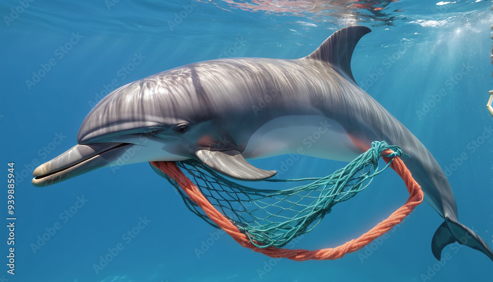 Depiction of a dolphin, as an endangered marine mammal, entangled in an ...