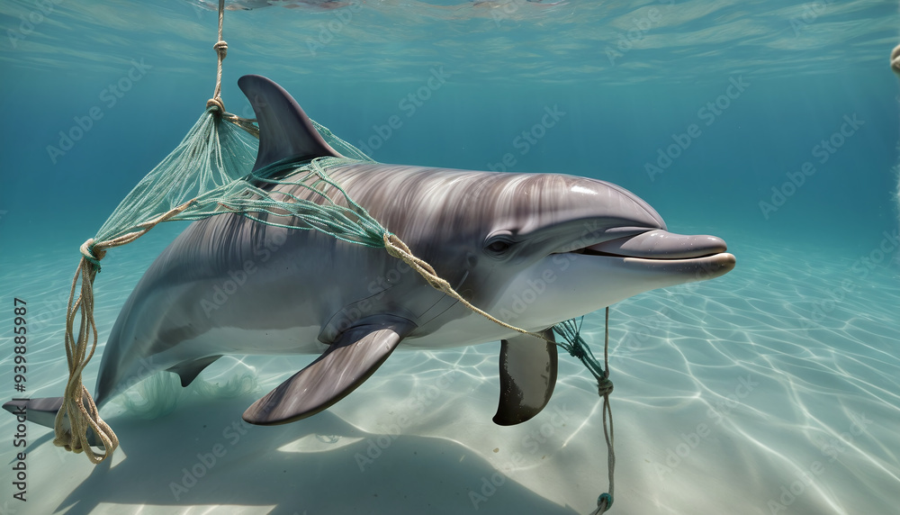 Depiction of a dolphin, as an endangered marine mammal, entangled in an ...