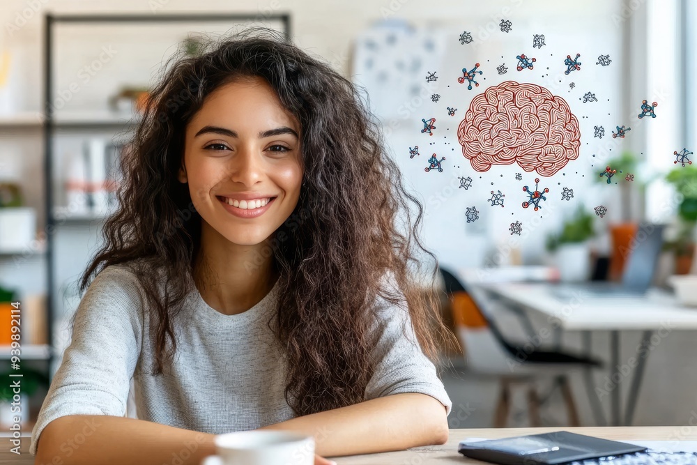 Smiling young woman with a brain illustration above her head ...