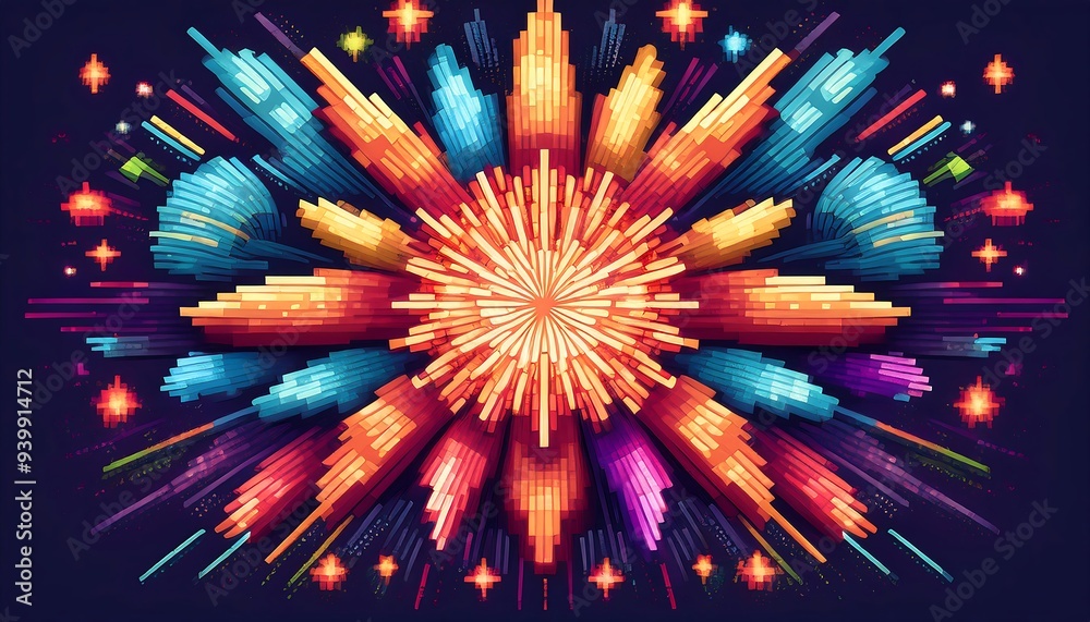Classic Pixelated Fireworks Burst - 16-bit pixel art representation of ...
