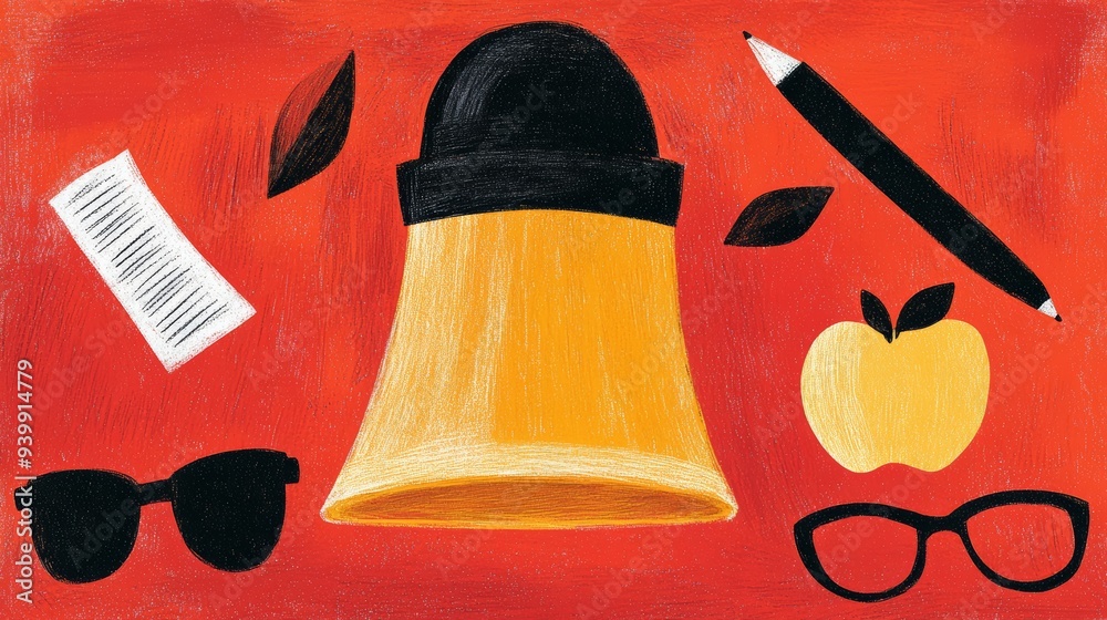 A nostalgic 2D illustration of a traditional school bell ringing with ...