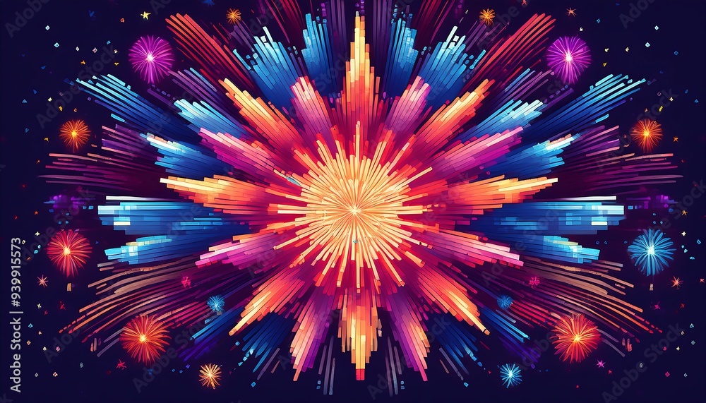 Classic Pixelated Fireworks Burst - 16-bit pixel art representation of ...