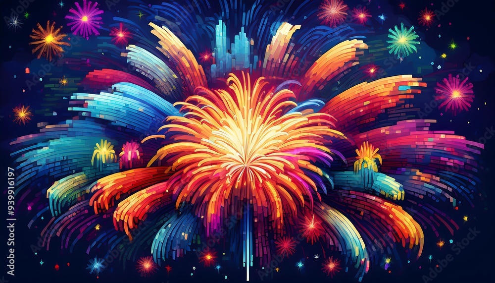Classic Pixelated Fireworks Burst - 16-bit pixel art representation of a classic fireworks ...