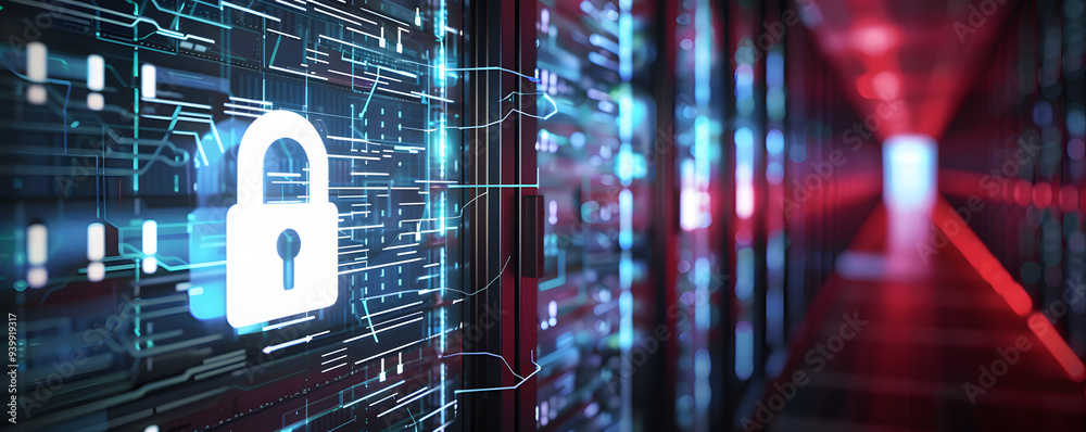 A secure server room with digital lock overlay, highlighting ...