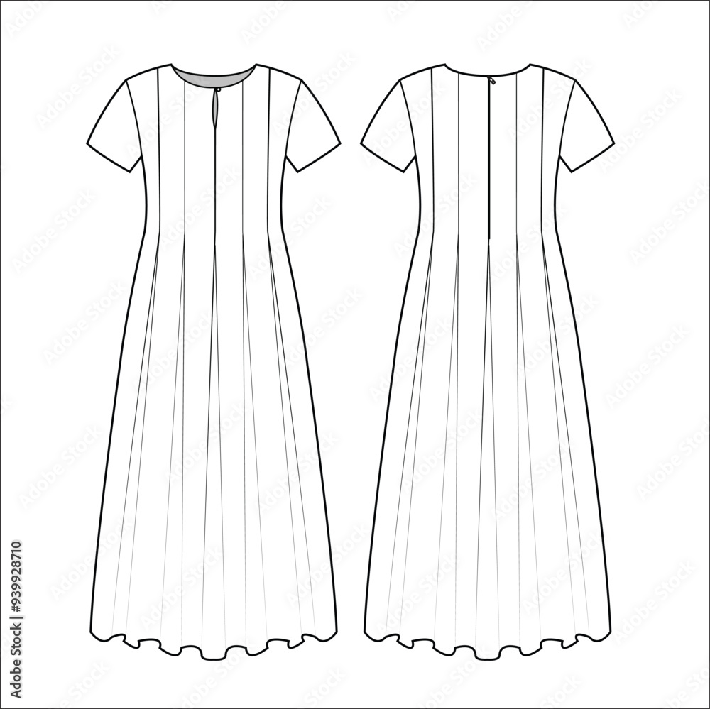 Short sleeve A line dress technical drawing, flat sketch, CAD, ADOBE ...