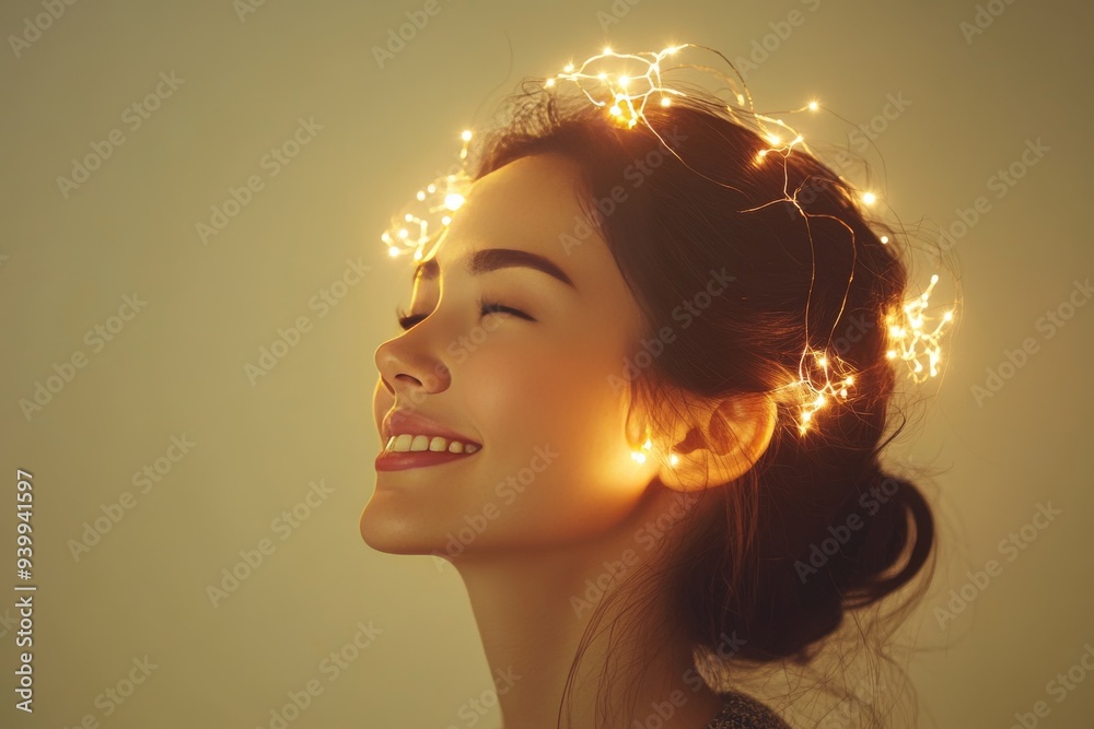 Smiling woman with glowing neural connections symbolizing positivity ...