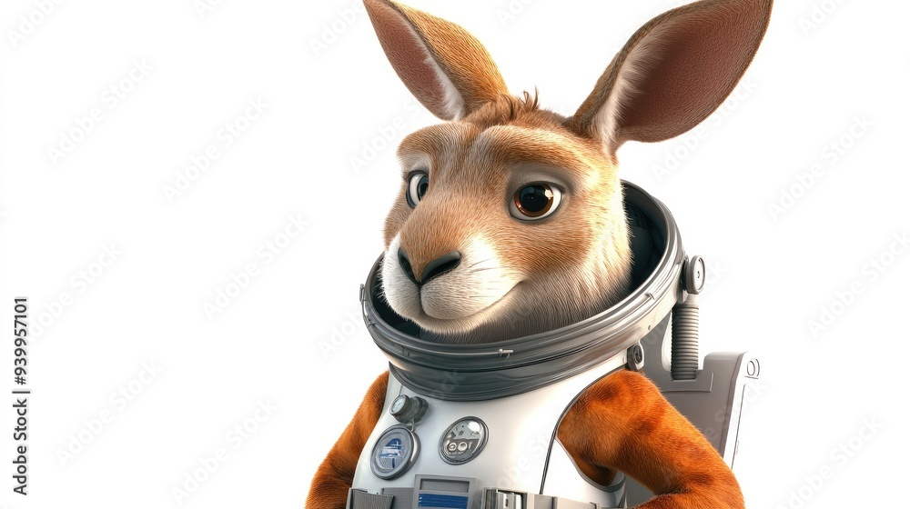 Kangaroo cartoon in space suit, white background, space exploration theme, imaginative and fun ...