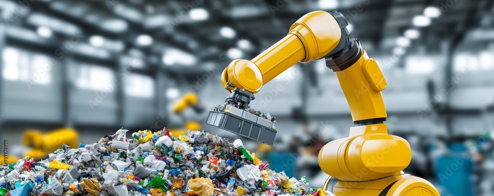 Robotic arm sorting and recycling plastic waste in factory, automation ...