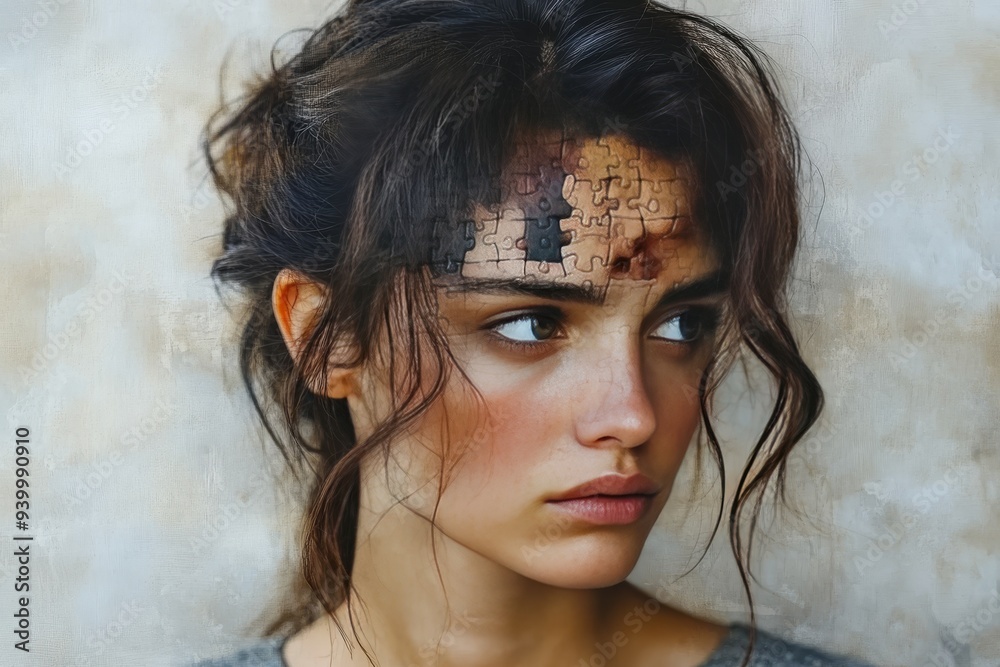 Expressive portrait of a woman with a puzzle piece missing from her ...