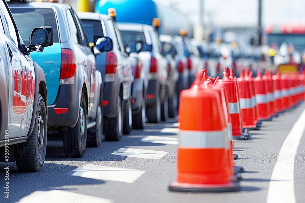 Vehicles are stuck in a long traffic jam, closely lined along the road ...