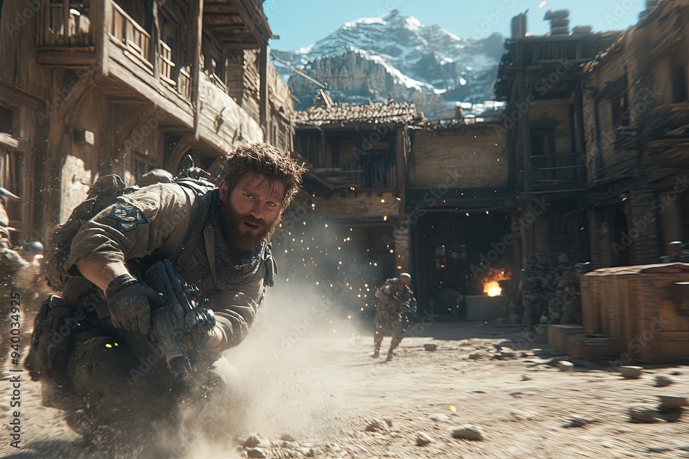 Military personnel sprint through a dusty village as explosions erupt ...