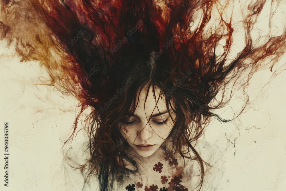 Abstract haunting depiction of a woman with her hair transforming into ...