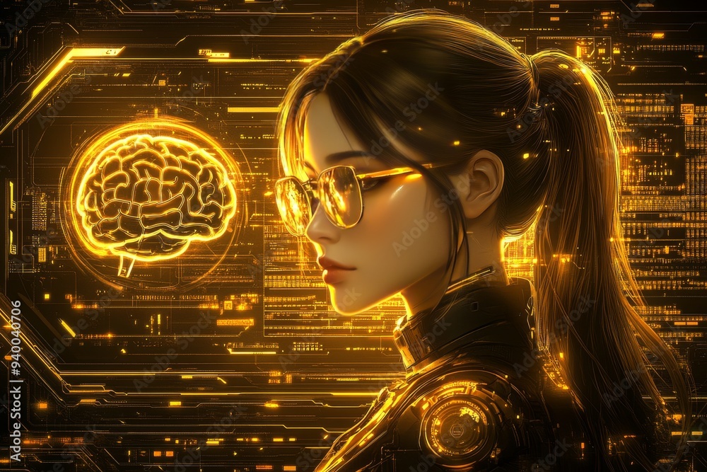 Futuristic profile of woman with glowing brain and cybernetic interface ...