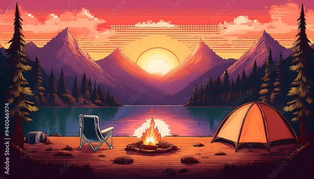 Pixelated Mountain Sunset Campsite - 16-bit pixel art scene of a ...