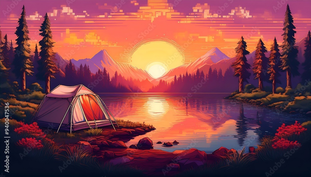 Pixelated Sunset Camping Retreat - 16-bit pixel art scene of a lake ...