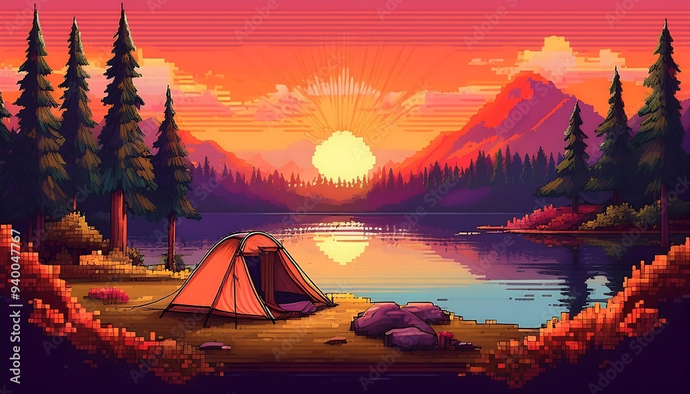 Pixelated Sunset Camping Retreat - 16-bit pixel art scene of a lake ...