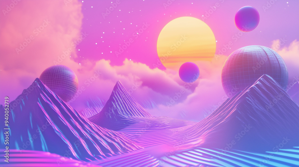 3d Retro futuristic fantasy landscape, world, travel. Acid rave concept ...