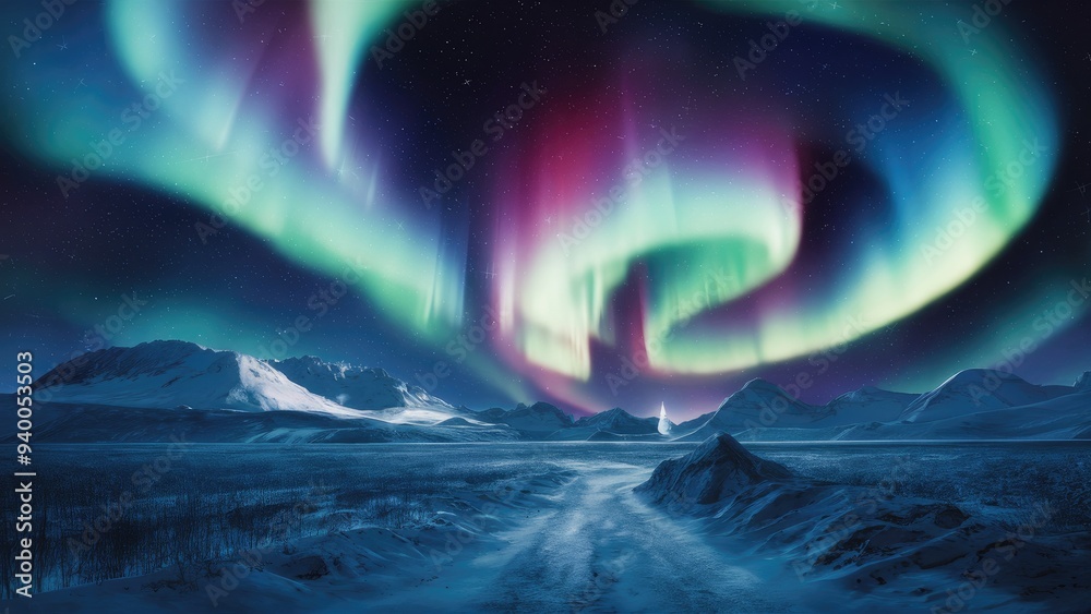 3D illustration of a solar geomagnetic storm with vibrant northern lights. High-resolution ...