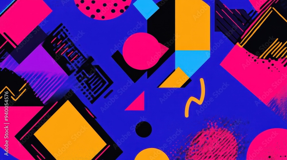 Bright neon patterns and shapes create an eye-catching retro graphic ...