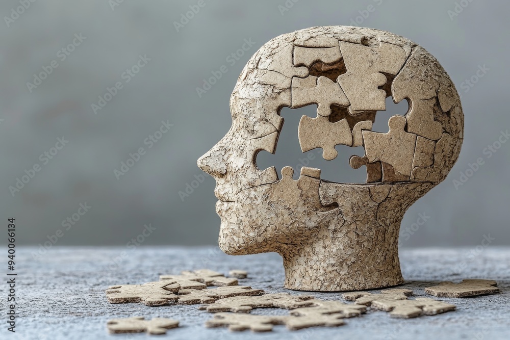 ภาพประกอบสต็อก Abstract sculpture of a human head with a missing puzzle ...