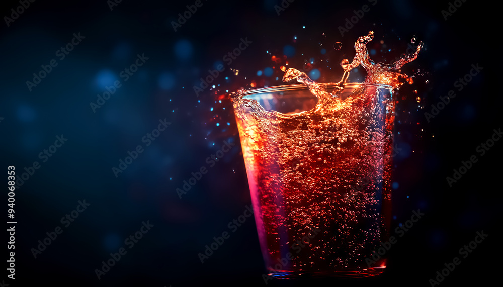 Refreshing glass of soda with ice cubes, splashing liquid in dark background, high-speed ...