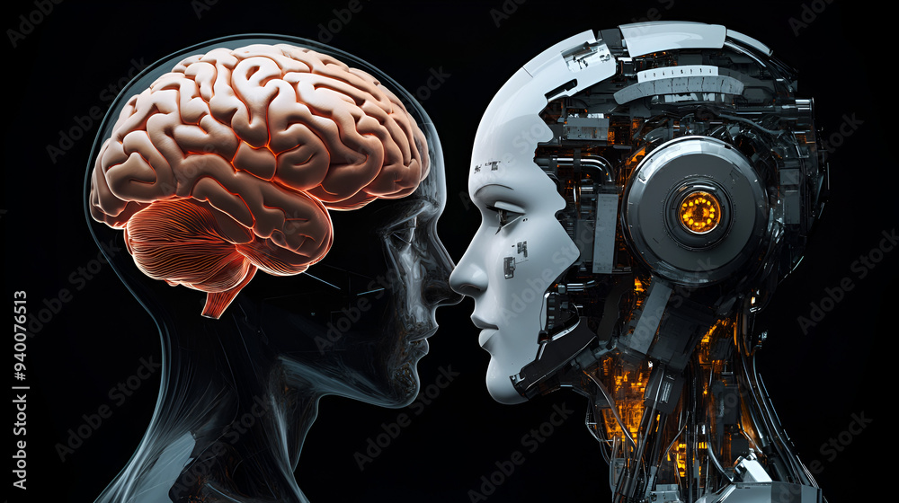 cerebro humano y cabeza de un robot funcionando y compartiendo ideas ...