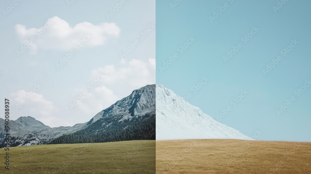 A split-screen landscape image showing contrasting mountain scenes: one ...