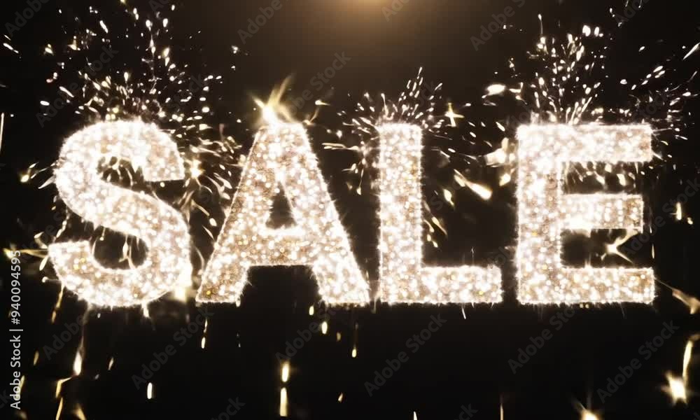 A sparkling "Sale" sign made of glittering gold letters against a dark ...