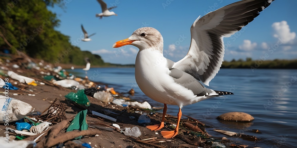 A bird amidst plastic waste by a polluted river, highlighting the ...