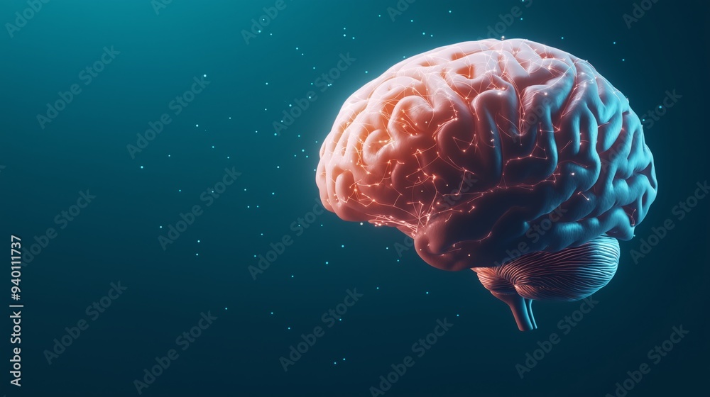 Digital illustration of a human brain with glowing neural connections ...