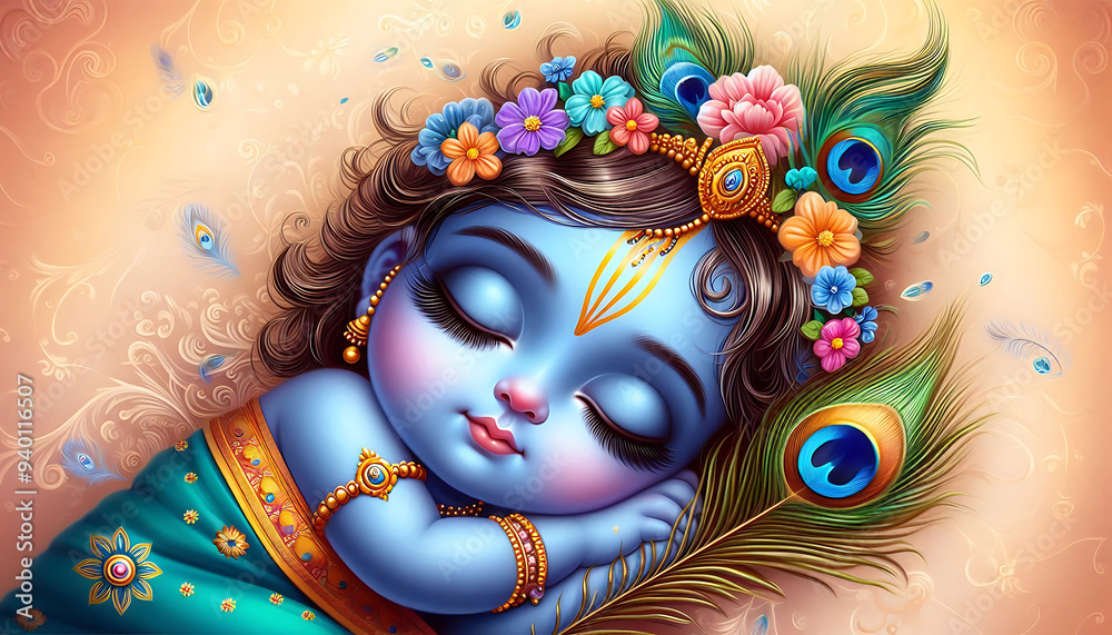 Cute little sleeping baby Krishna with blue skin and peacock feather ...