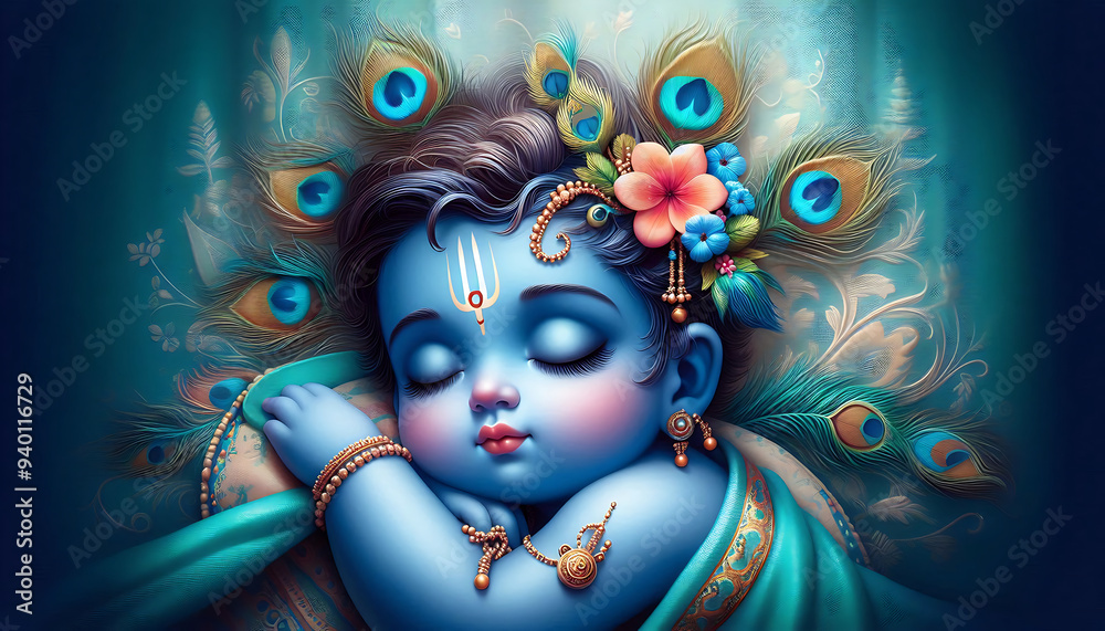 Cute little sleeping baby Krishna with blue skin and peacock feather ...