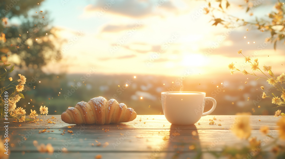 hyper-realistic, realistic, good morning, coffee, croissant, farm ...