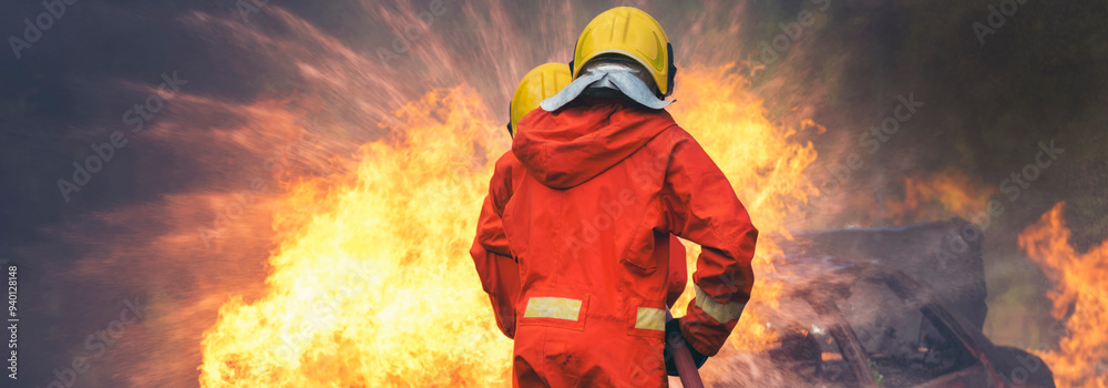 Firefighter fighting smoke flame use fire hose chemical water foam ...