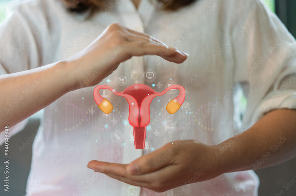 Woman holding uterus health therapy care checkup, reproductive system ...