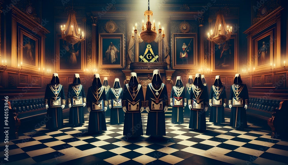 Group of hooded Freemasons in a grand, dimly lit Masonic lodge ...