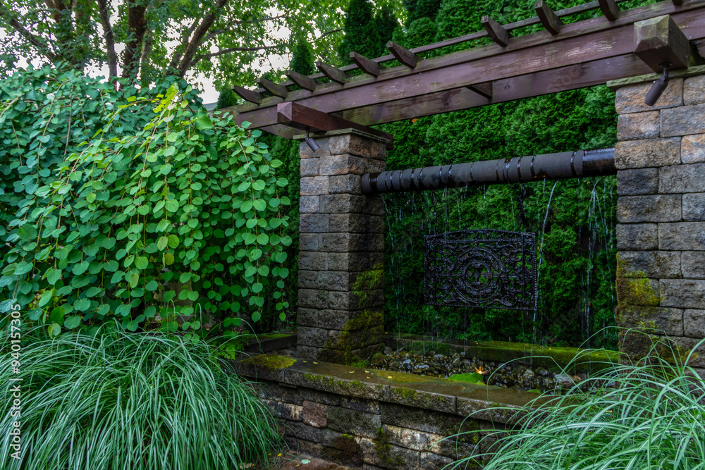 Stone pergola with waterfall and ornamental grasses backyard oasis ...