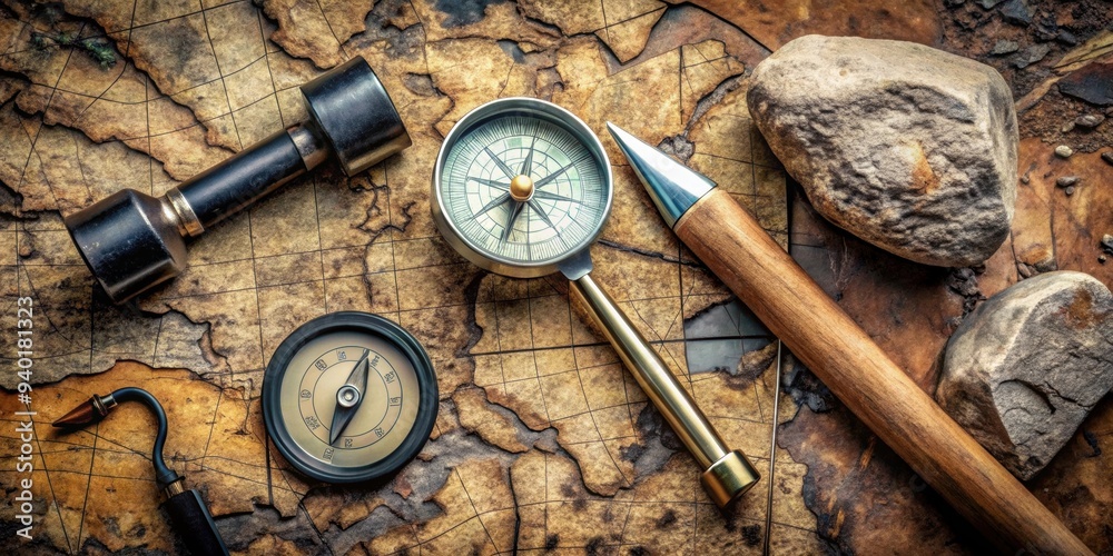 Geological fieldwork tools including hammer, compass, magnifying glass ...
